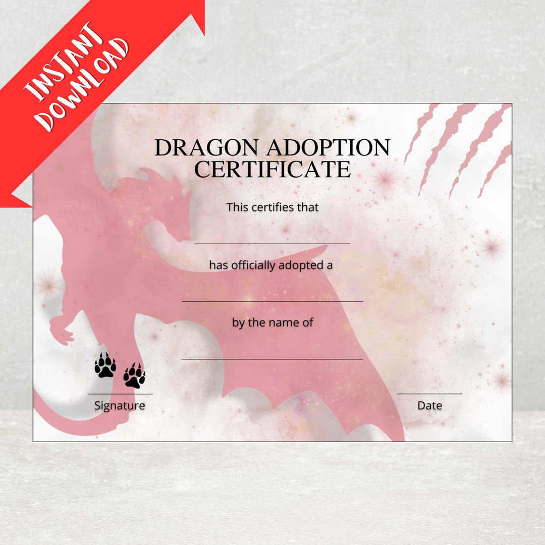 Dragon Adoption Certificate! the Perfect Gift to Accompany a Magical New Friend! Digital ...