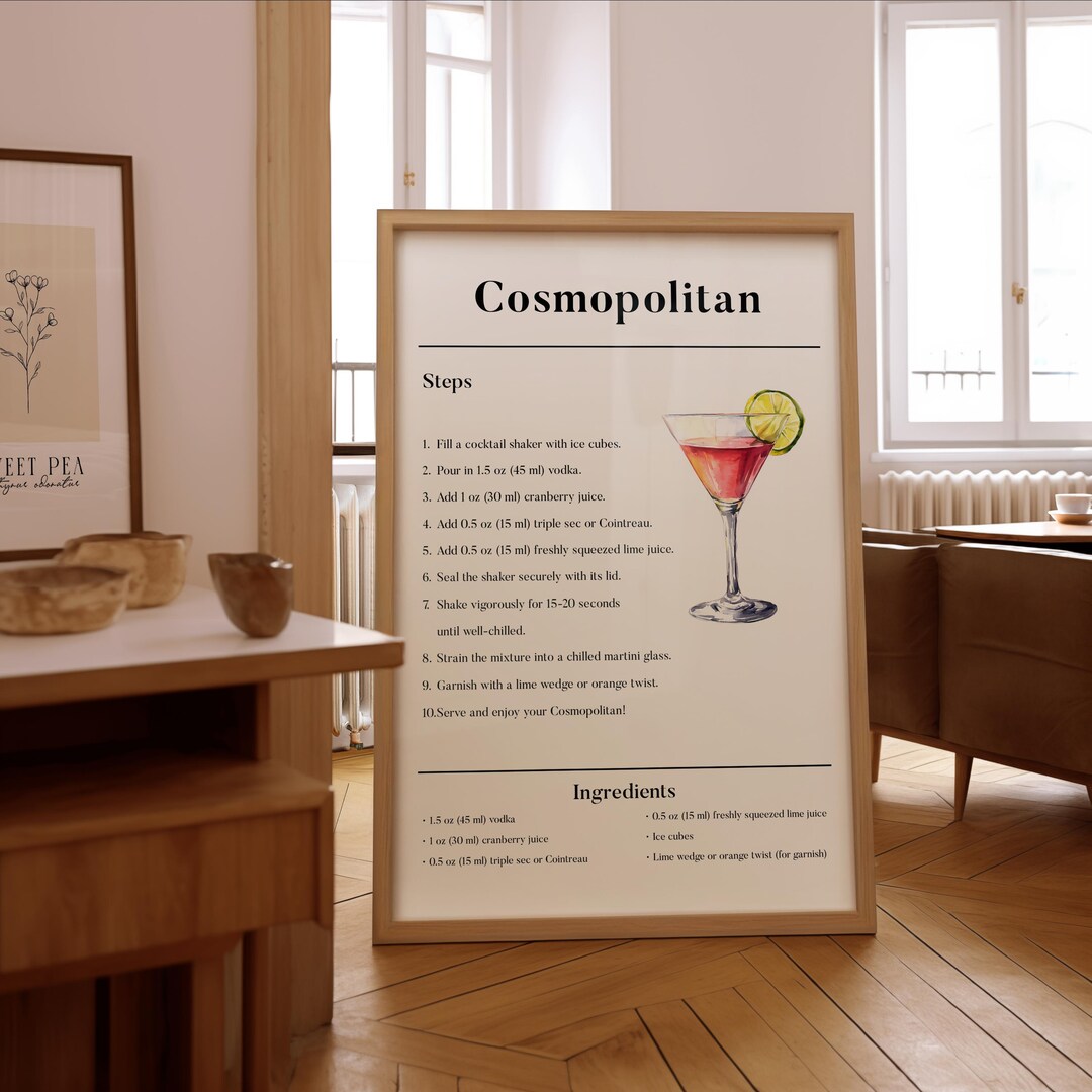 Cosmopolitan Cocktail Recipe – Classic Drink Guide – Bar Wall Art ...