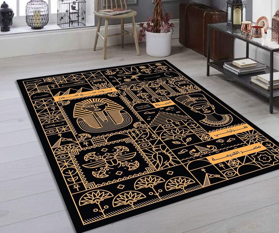 Ancient Egypt Rug: Black and Gold Hieroglyphic Art Carpet - Etsy