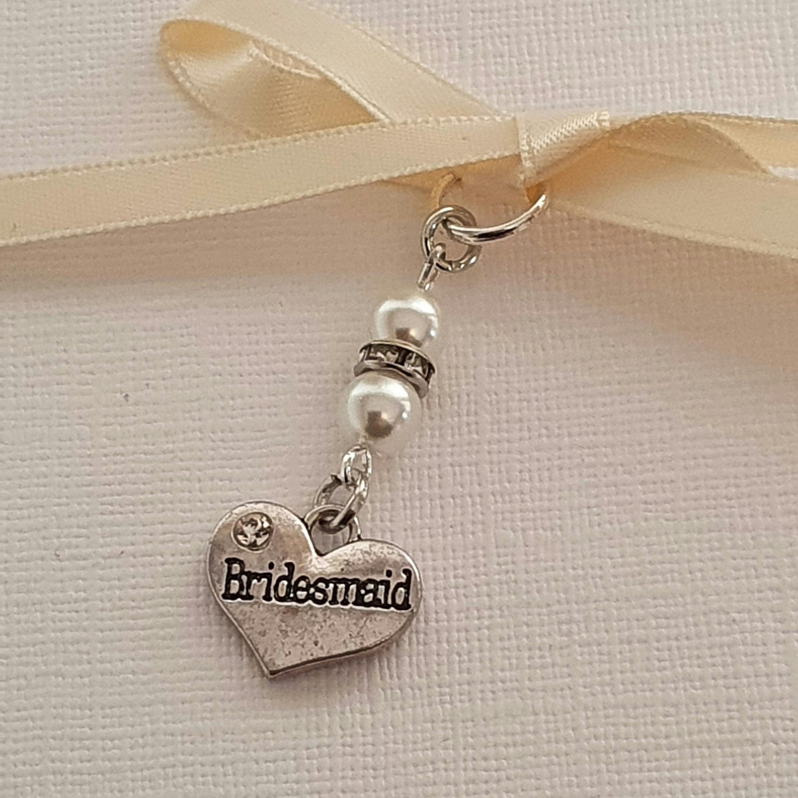 Handcrafted Bridesmaid Heart Charm, White Pearls, Wedding Bouquet ...