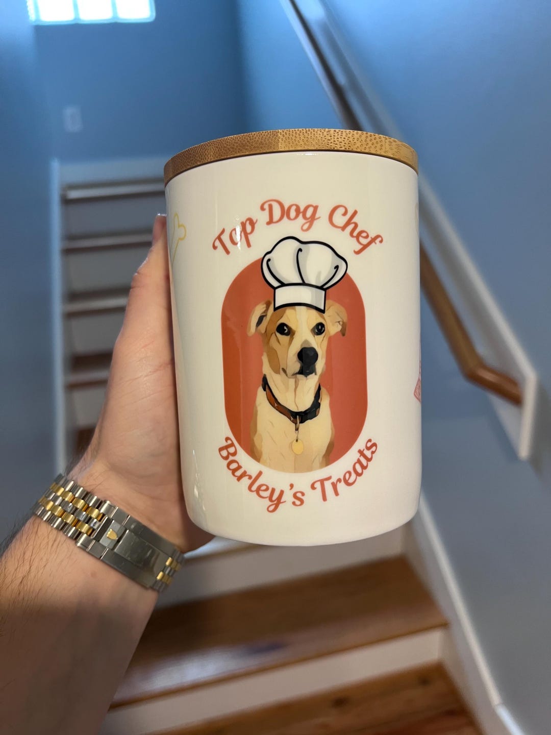 Custom Illustration Dog Treat Jar - Top Dog Chef - Comes With Treats ...