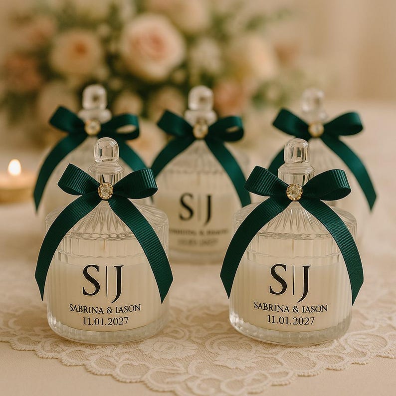 Personalized Soy Wax Wedding Favor Candle – Emerald Green Ribbon - Etsy ...
