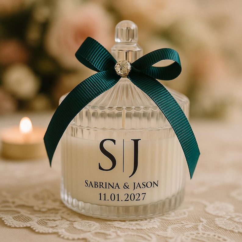 Personalized Soy Wax Wedding Favor Candle – Emerald Green Ribbon - Etsy