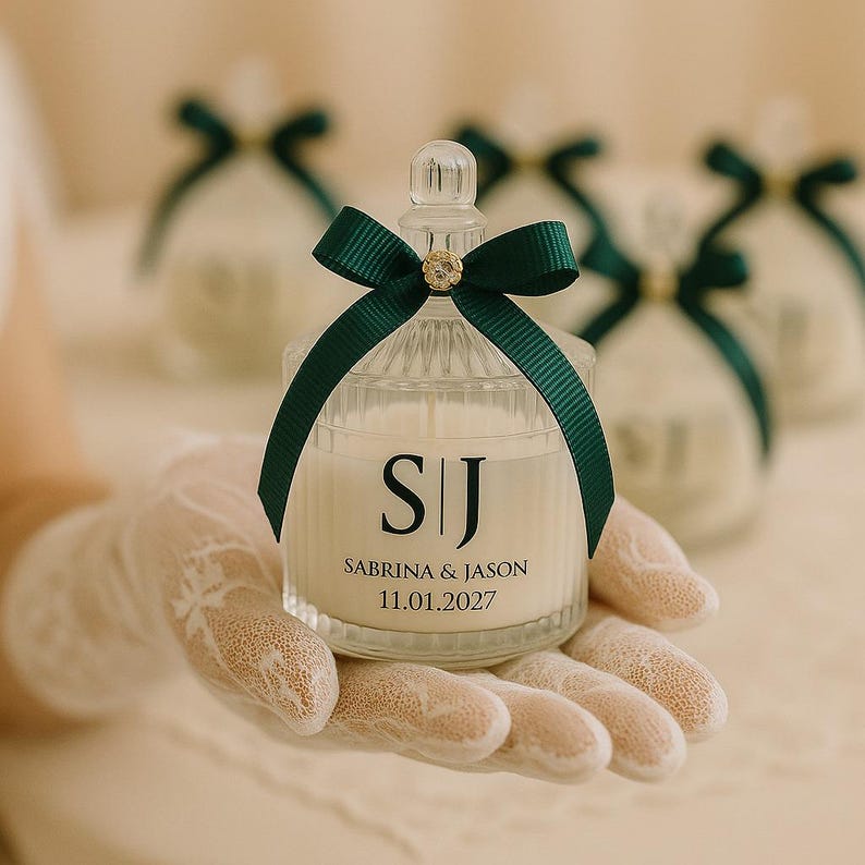 Personalized Soy Wax Wedding Favor Candle – Emerald Green Ribbon - Etsy ...