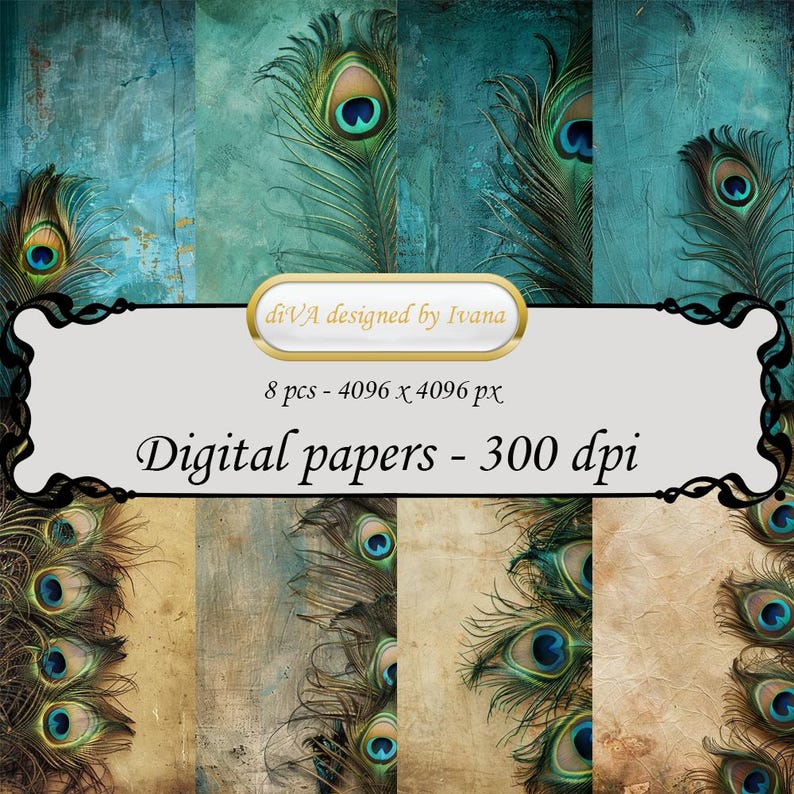 Background With Peacock Feathers, Digital Vintage Texture, Scrapbooking ...