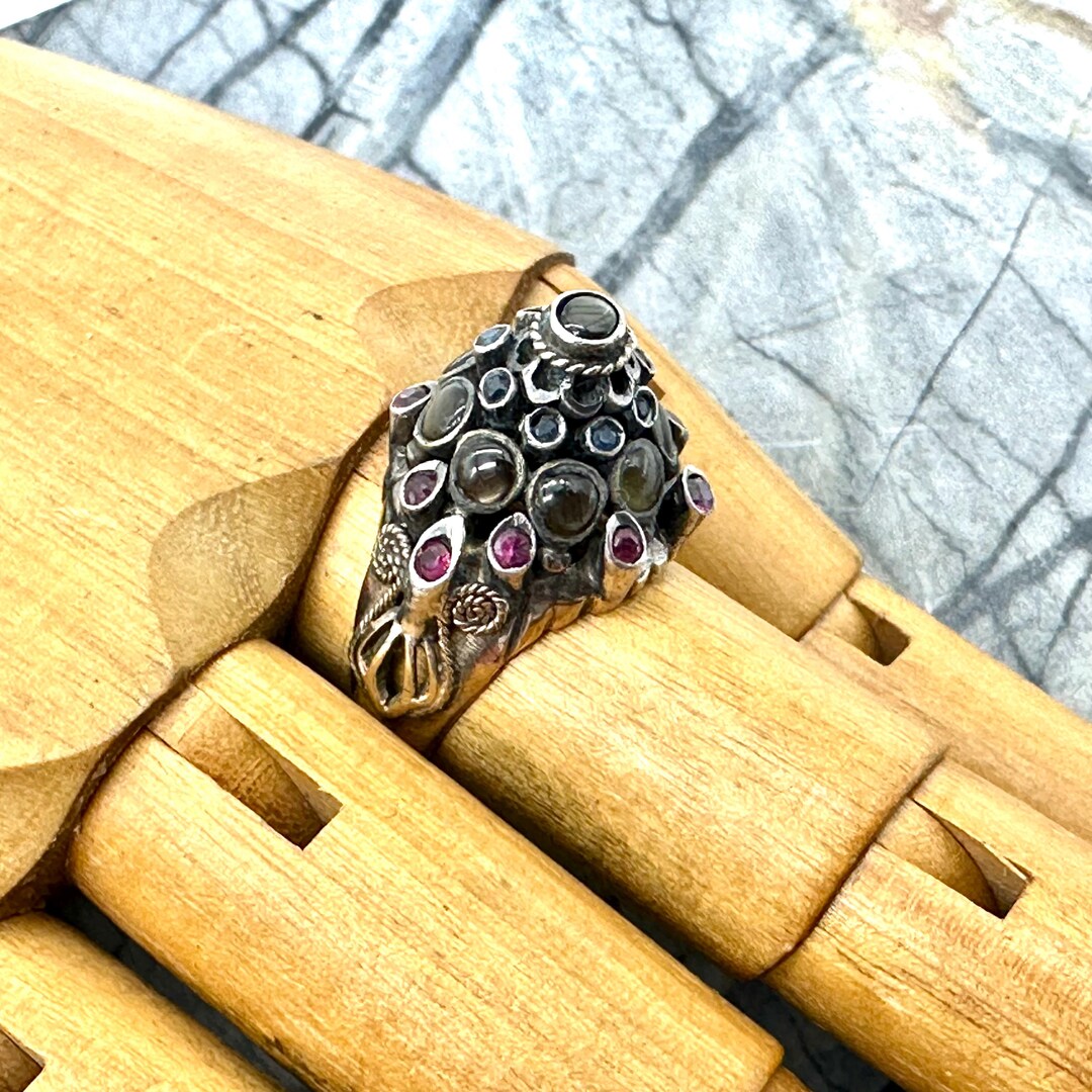 Antique 14k Gold Ruby, Tigers Eye & Sapphire Thai Princess Harem Ring ...