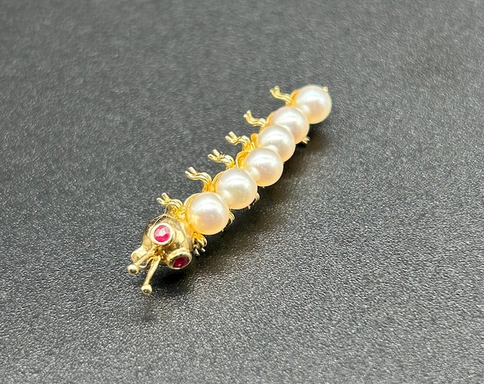 Vintage 14k Gold Caterpillar Brooch: Ruby Eyes, Pearl Insect Jewelry - Etsy
