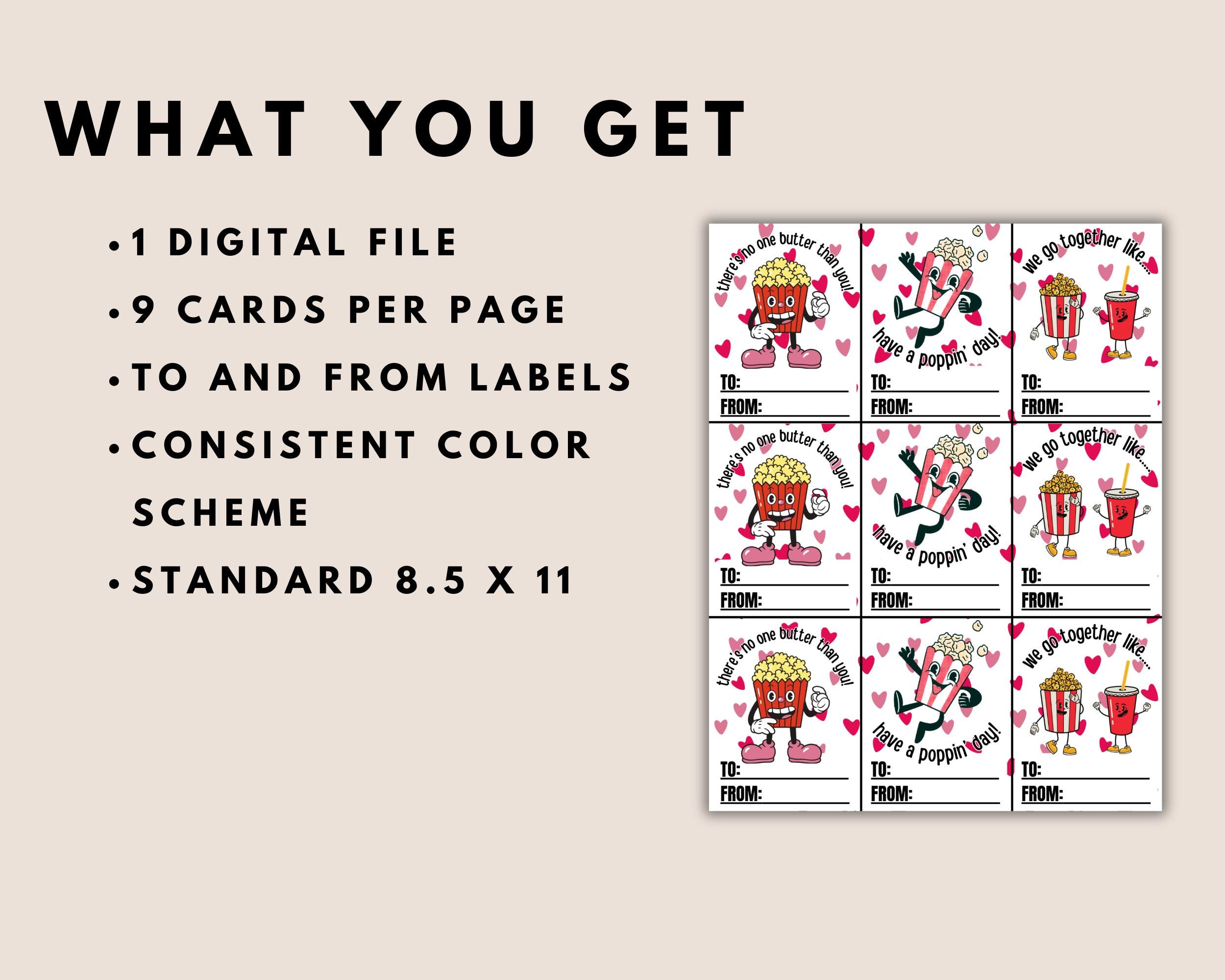 Popcorn Valentine Cards Printable Valentine for Tween Kids Classroom ...