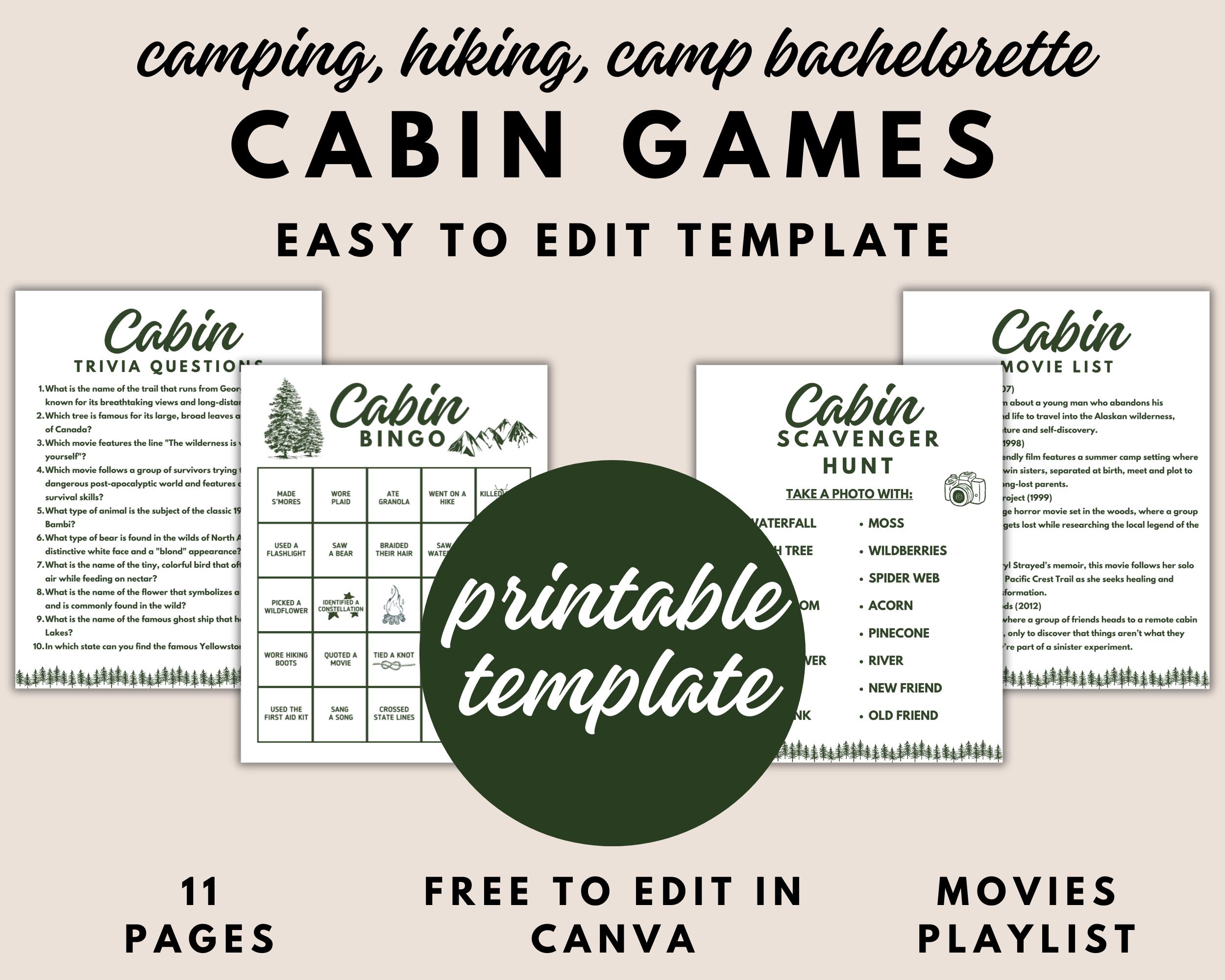 Cabin Trip Printable Games Summer Camp Bingo Girls Trip Camp Scavenger ...