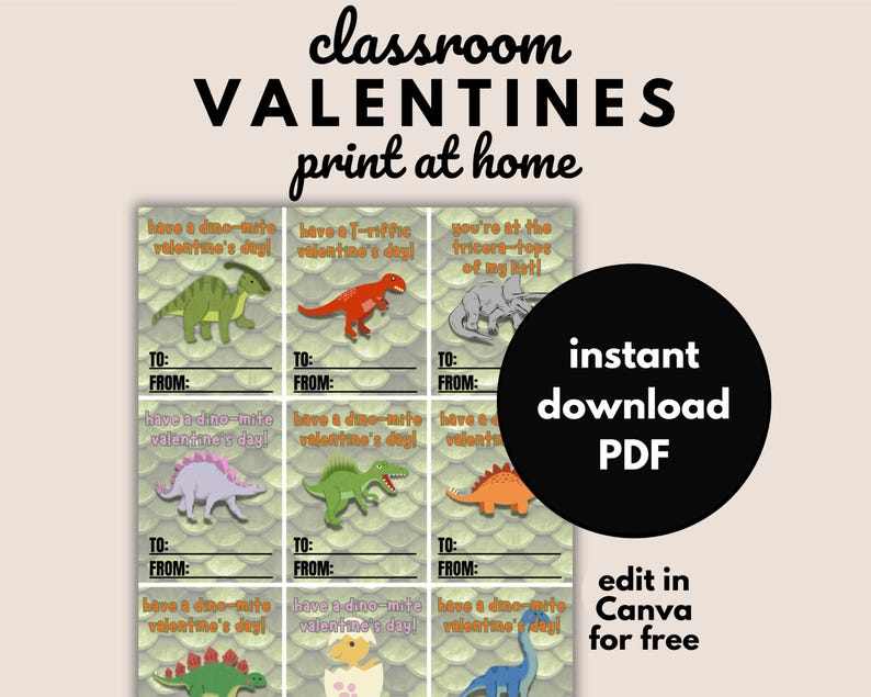 Dinosaur Valentine Cards Printable Valentine for Boys Kids Classroom ...