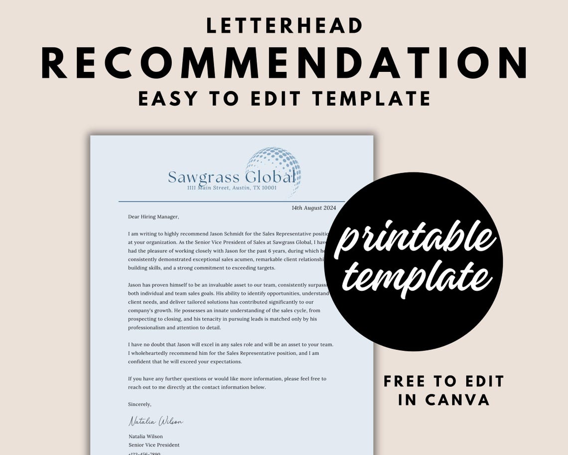 Letter of Recommendation Template Customizable Professional ...