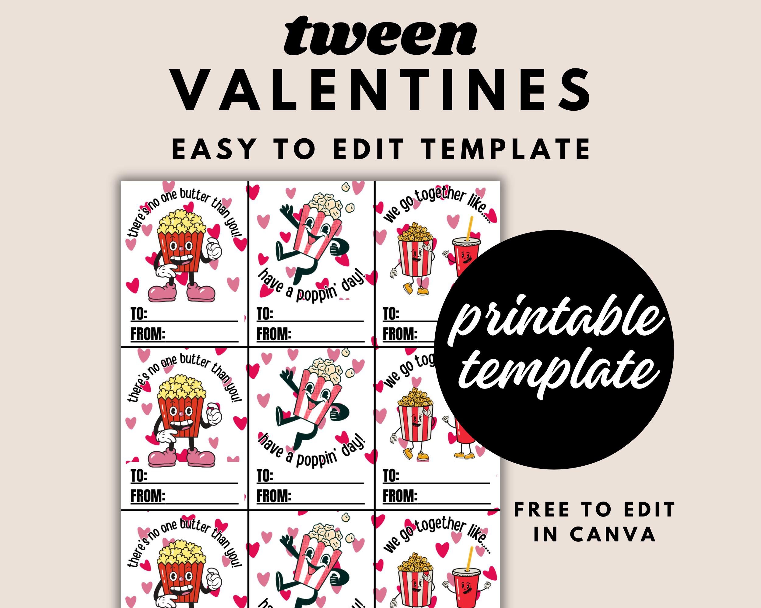 Popcorn Valentine Cards Printable Valentine for Tween Kids Classroom ...