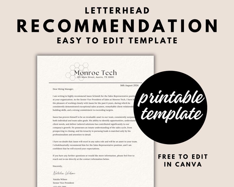 Letter of Recommendation Template Customizable Professional ...