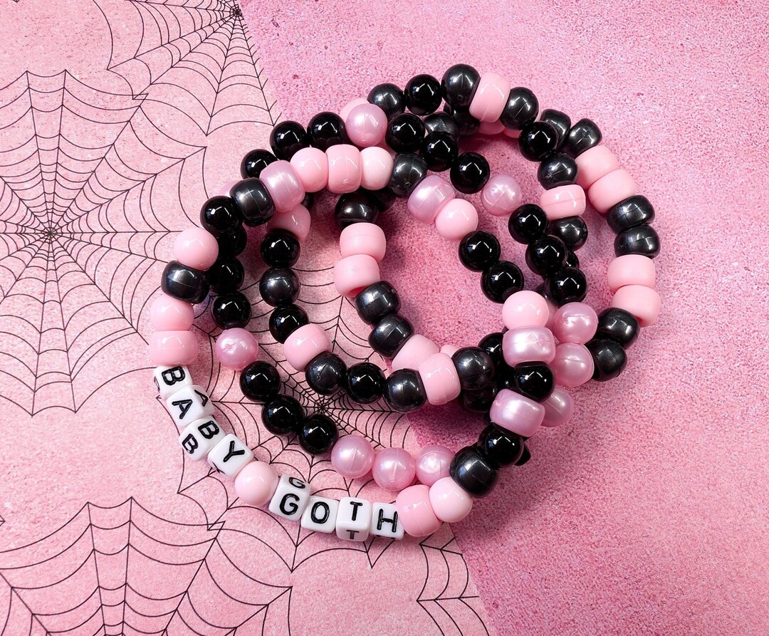Set of Four Pastel Goth Baby Pink and Black Kandi Bracelet Stack, Baby ...