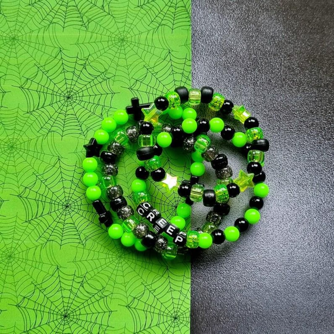Black & Green 'creep' Goth Kandi Bracelet Set - Beaded Stack - Etsy