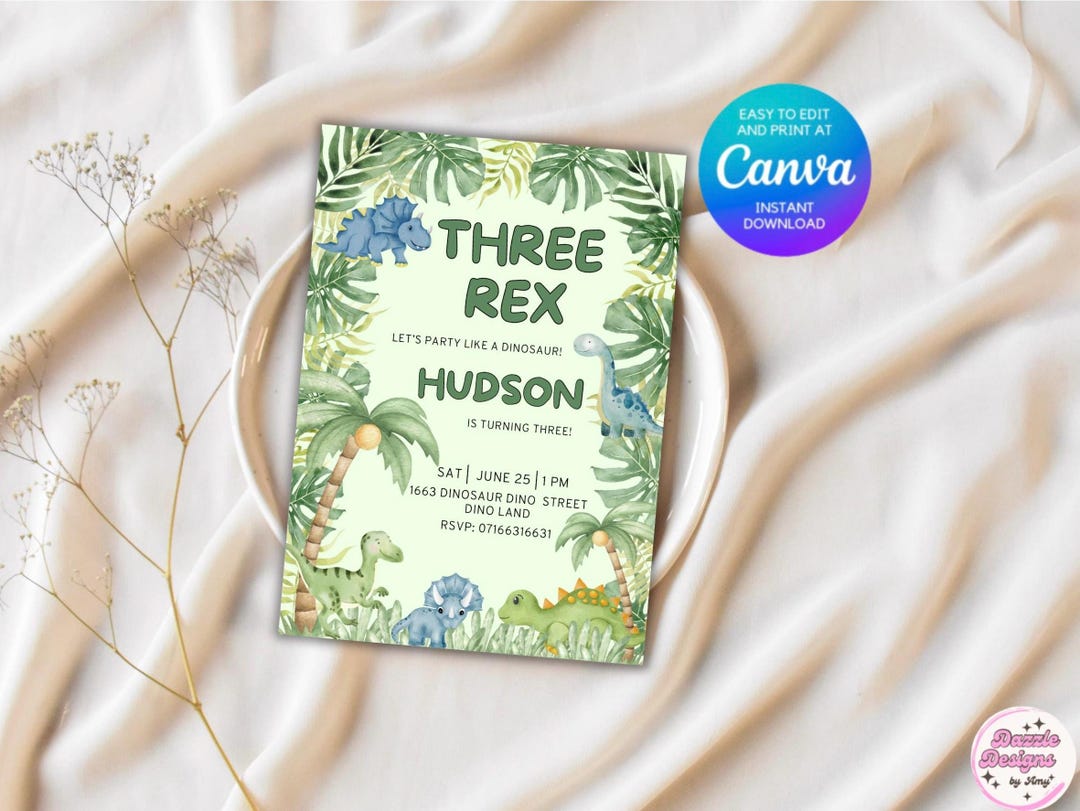 Three Rex Birthday Invitation Template, Three Rex Birthday Invite, 3rd ...