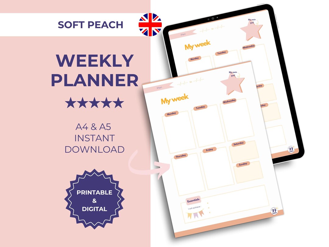 Weekly Planner | Soft Peach | Printable & Digital Download | A4 A5 ...