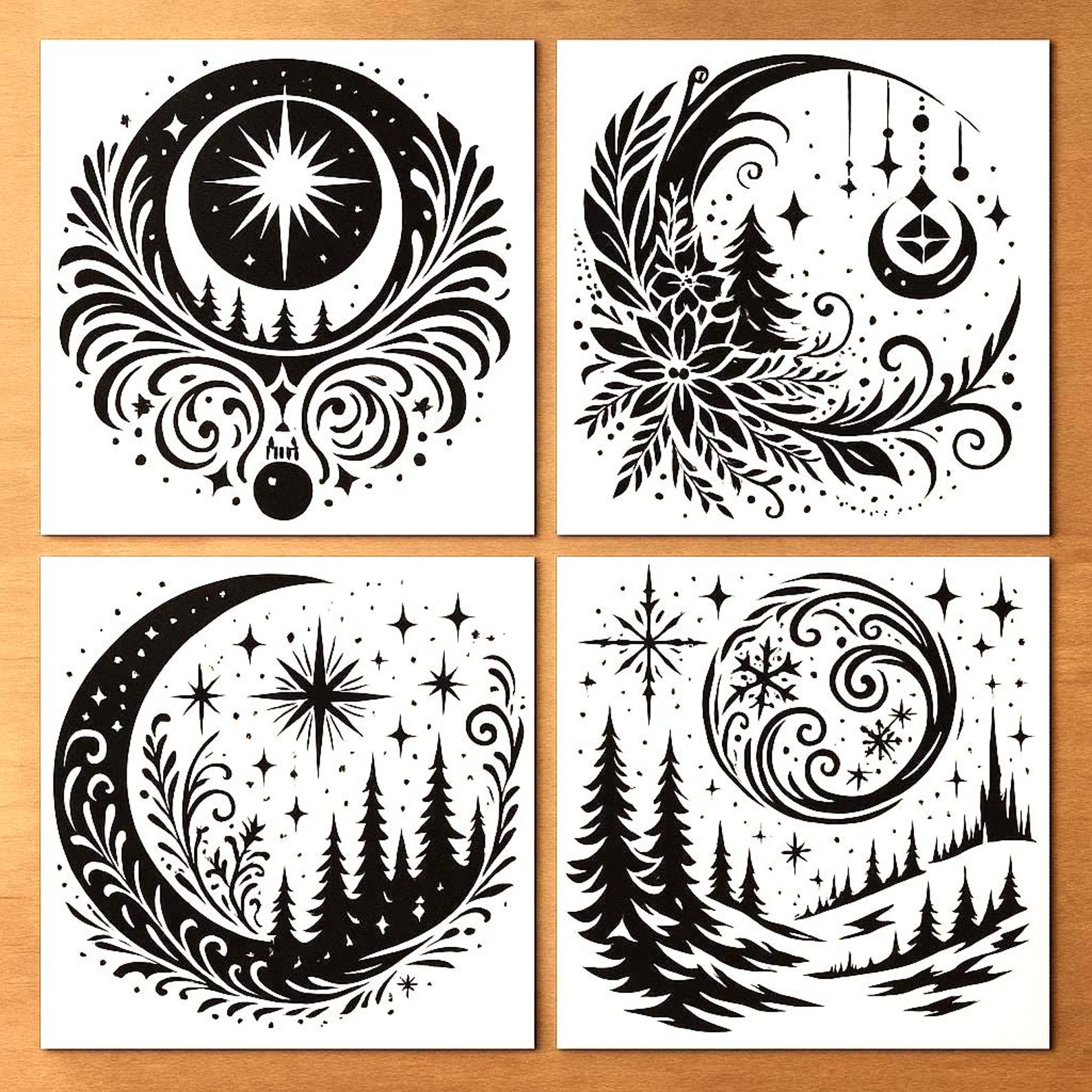 Winter Celestial Stencils – 4 Large Moon, Star, Forest Holiday Craft ...