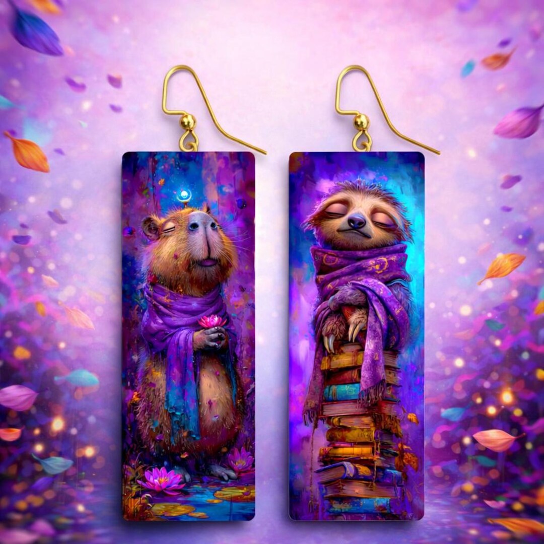 Whimsical Capybara and Sloth Art Earrings • Fantasy Illustration Art ...