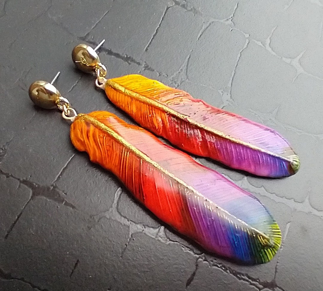 One-of-a-kind Summer of Love Polymer Clay Asymmetrical Feathers ...