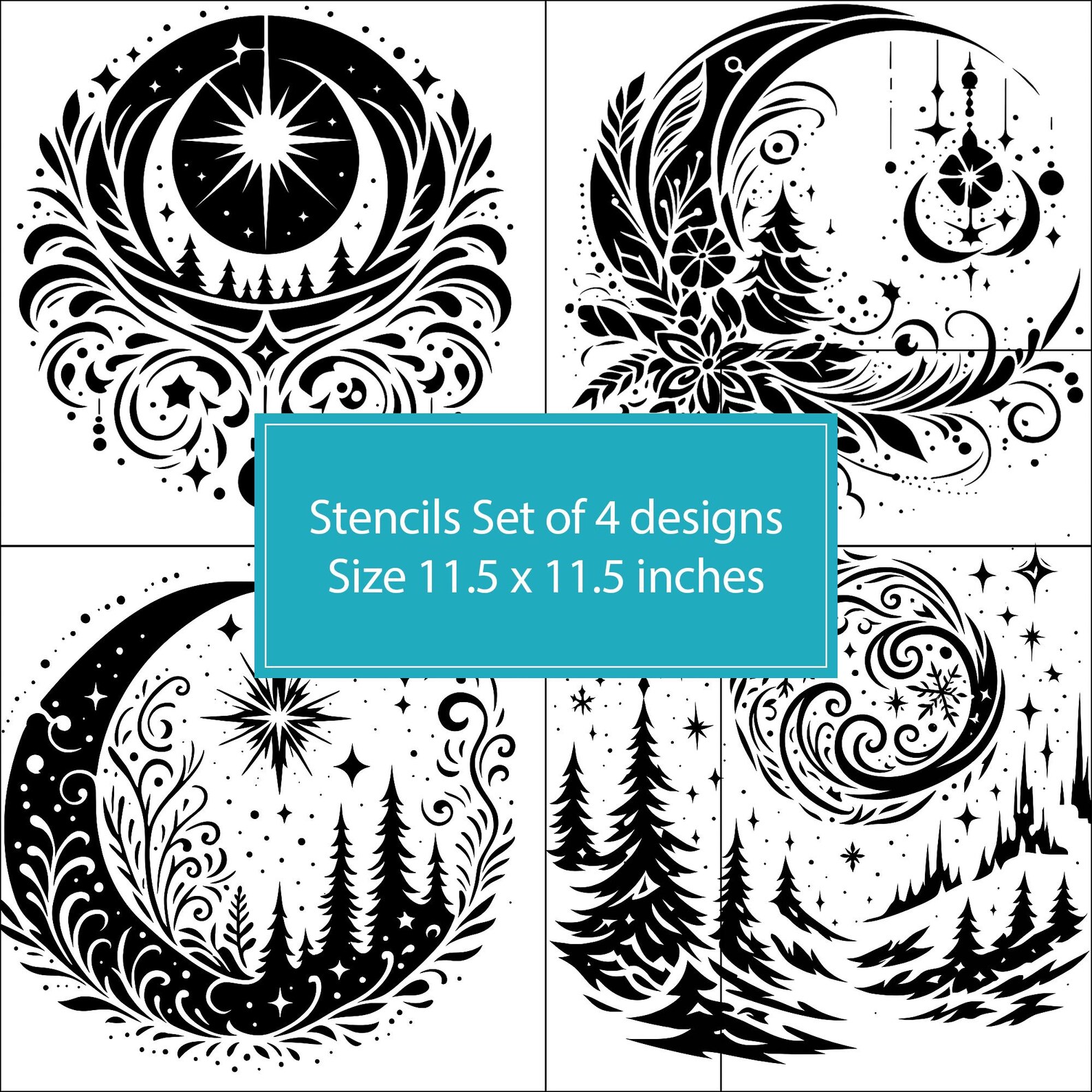 Winter Celestial Stencils – 4 Large Moon, Star, Forest Holiday Craft ...