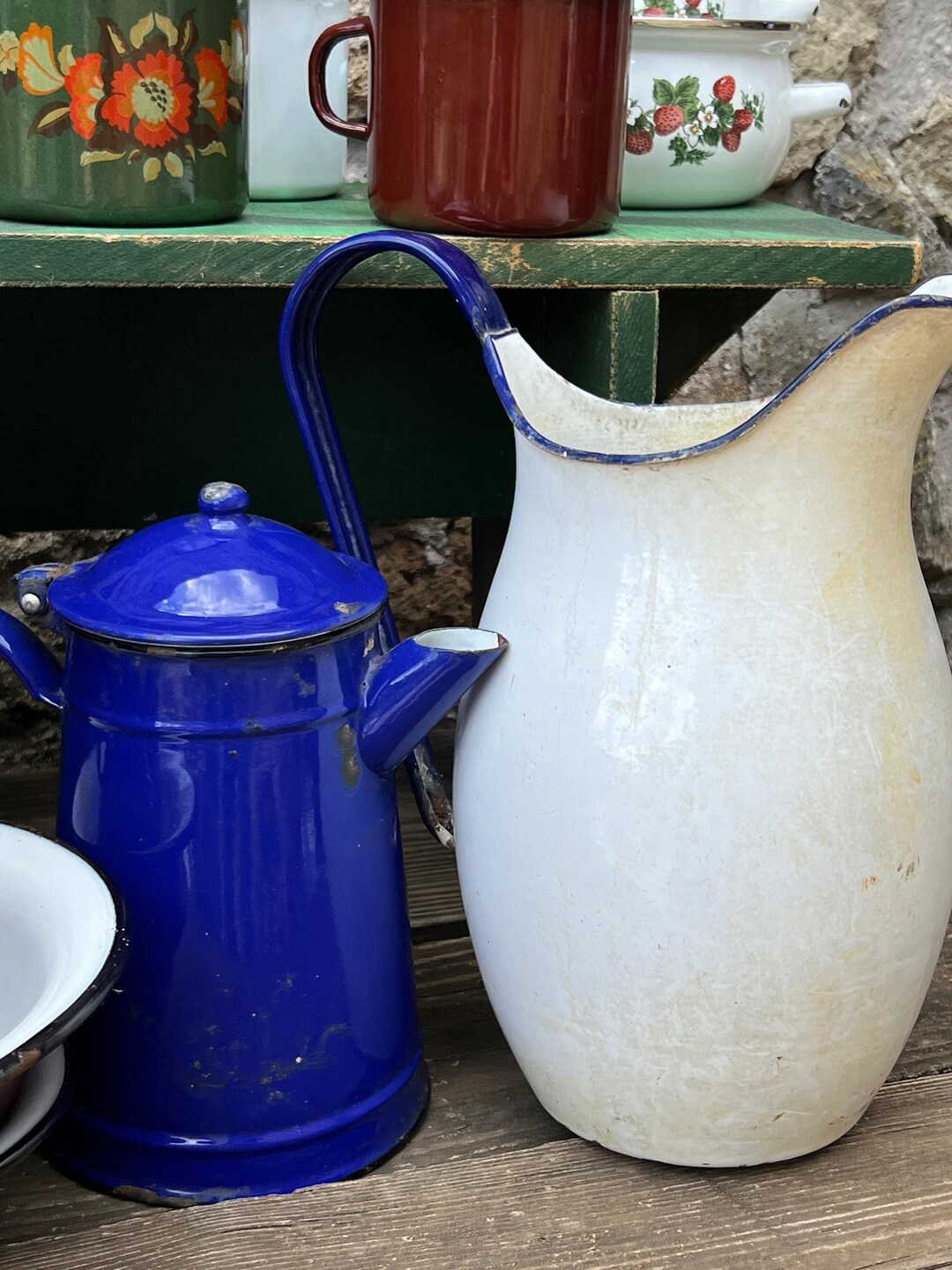 Vintage White Enamel Tin Jug - Etsy