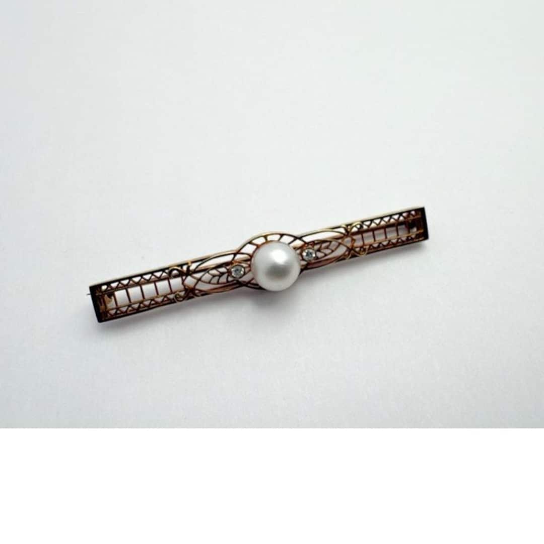 Antique Art Deco 14K Gold Filigree Bar Pin Brooch With Pearl & Diamonds ...