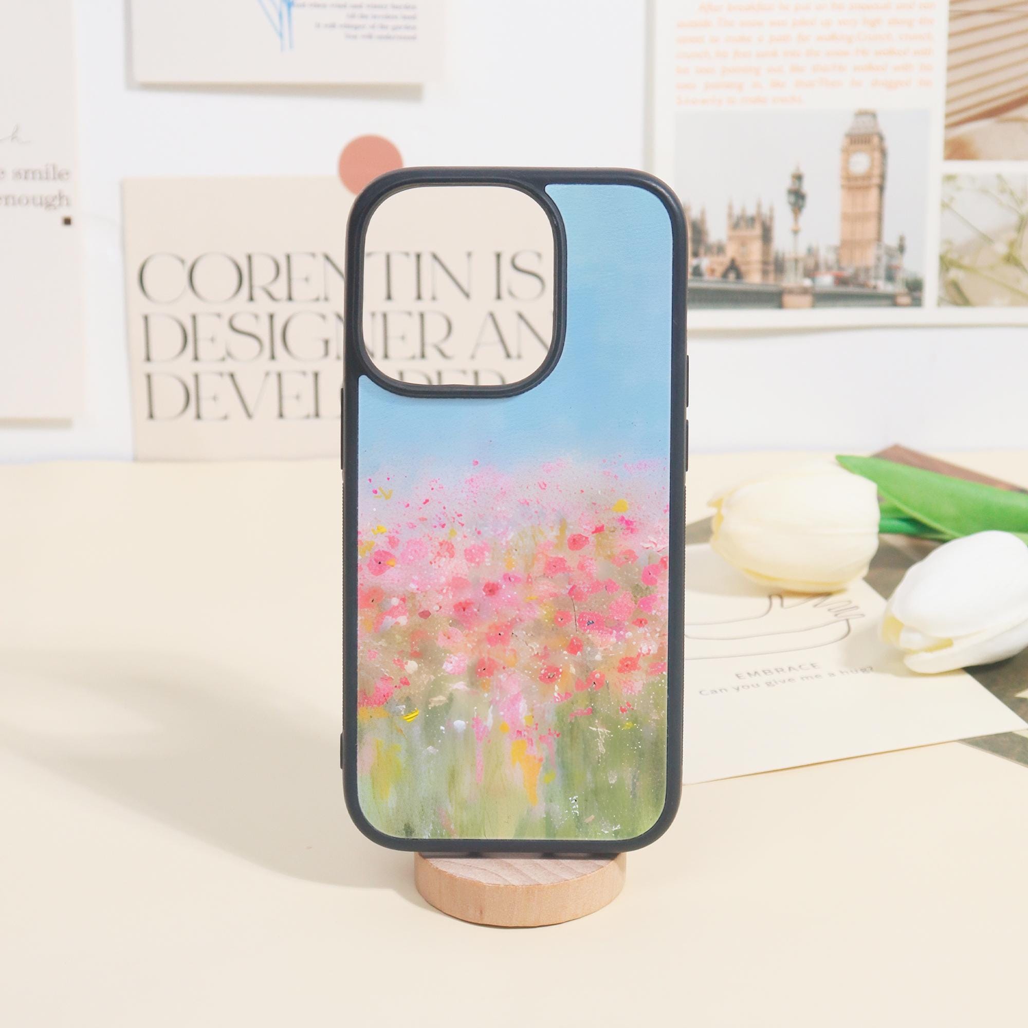 Blue Sky Pink-green Garden Pattern iPhone Case for 16/15/14/13/12 Pro ...