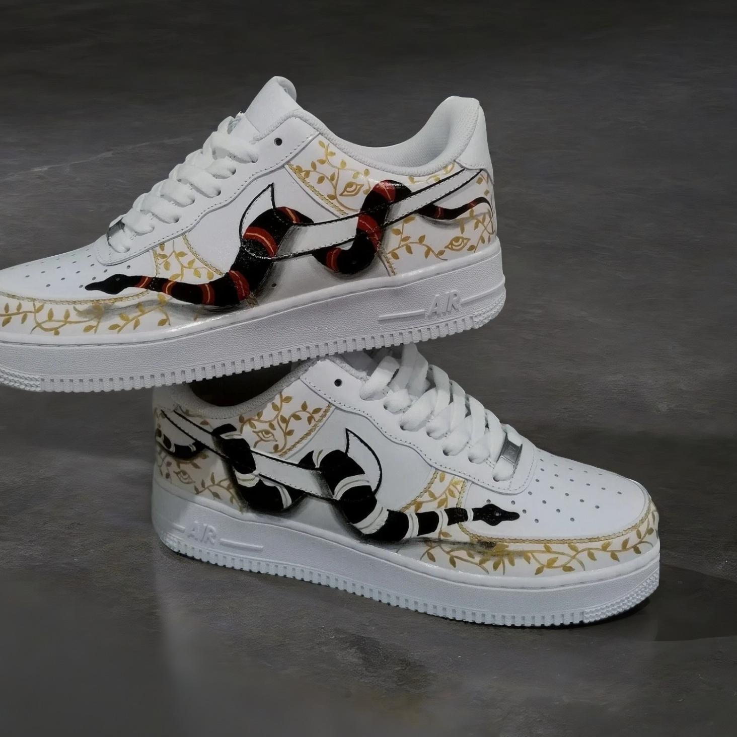 AF1 Custom/unique Custom Shoes/ Unisex Sneakers/ White Gold Snake Art ...