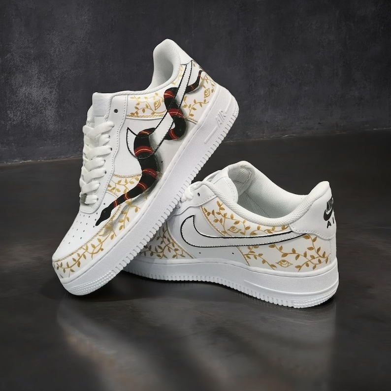 AF1 Custom/unique Custom Shoes/ Unisex Sneakers/ White Gold Snake Art ...