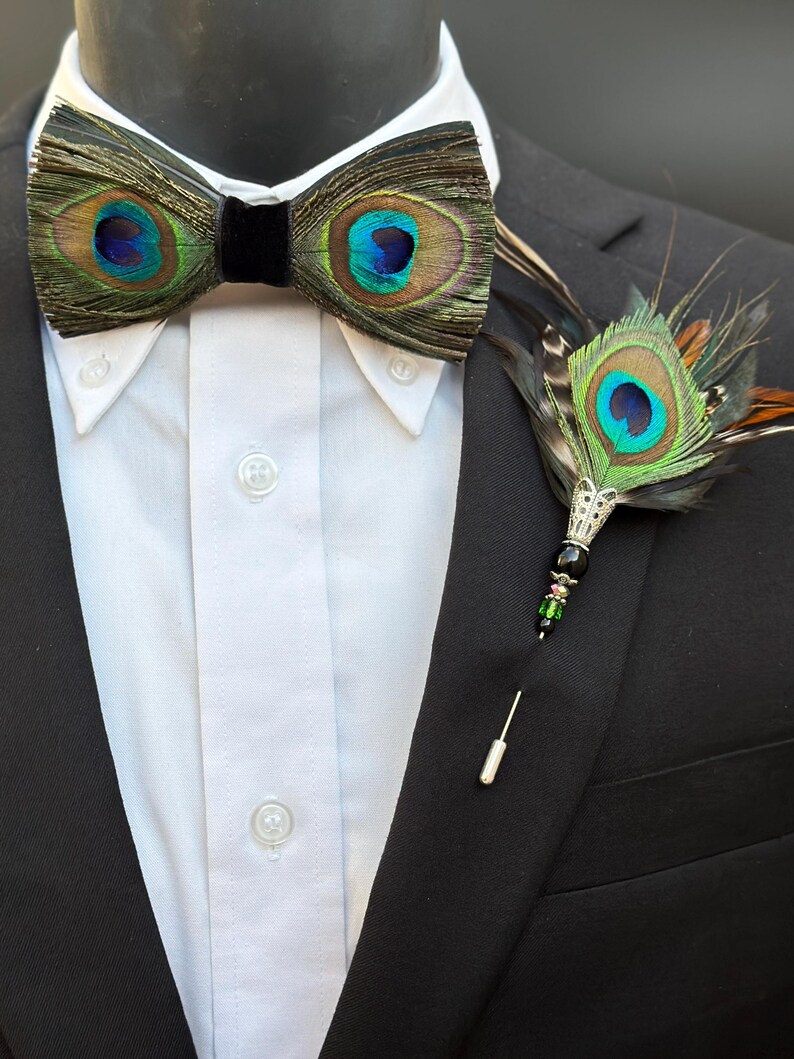 Peacock Feather Bow Tie and Boutonniere - Handcrafted Natural Green and ...