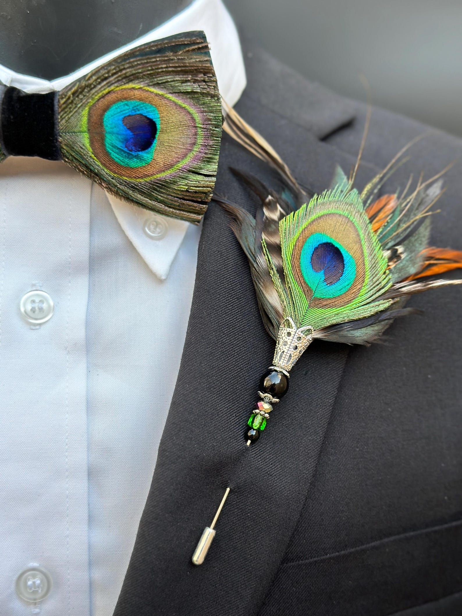 Peacock Feather Bow Tie and Boutonniere - Handcrafted Natural Green and ...
