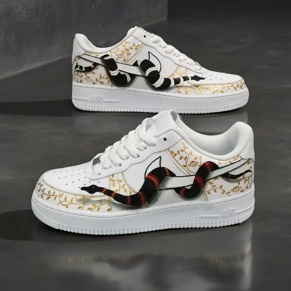 AF1 Custom/unique Custom Shoes/ Unisex Sneakers/ White Gold Snake Art ...