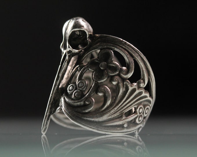 Silver Hummingbird Skull Ring Bird Skull Jewlery Adjustable Floral Band ...