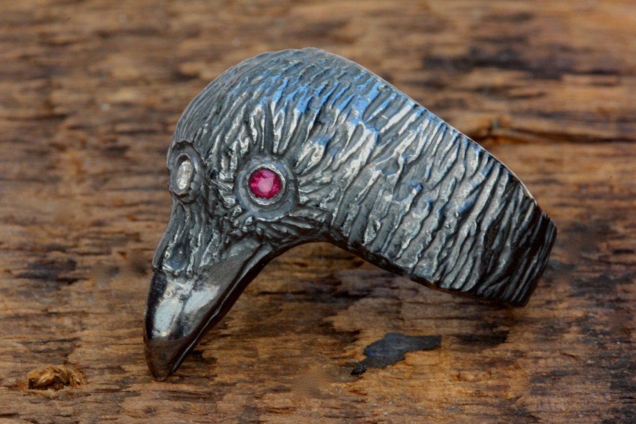 Diamond and Ruby Three Eyed Raven Ring in Blackened Sterling Silver - Etsy