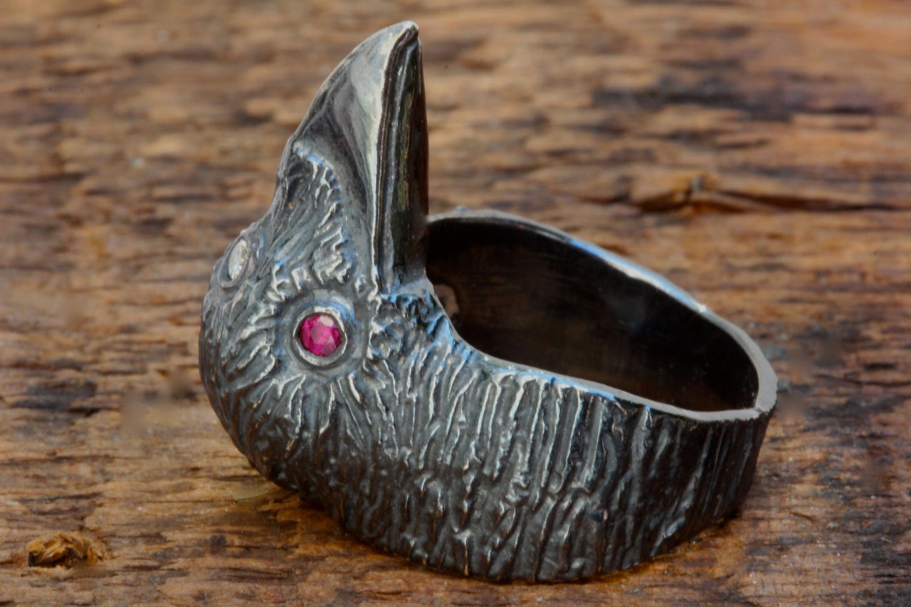 Diamond and Ruby Three Eyed Raven Ring in Blackened Sterling Silver - Etsy