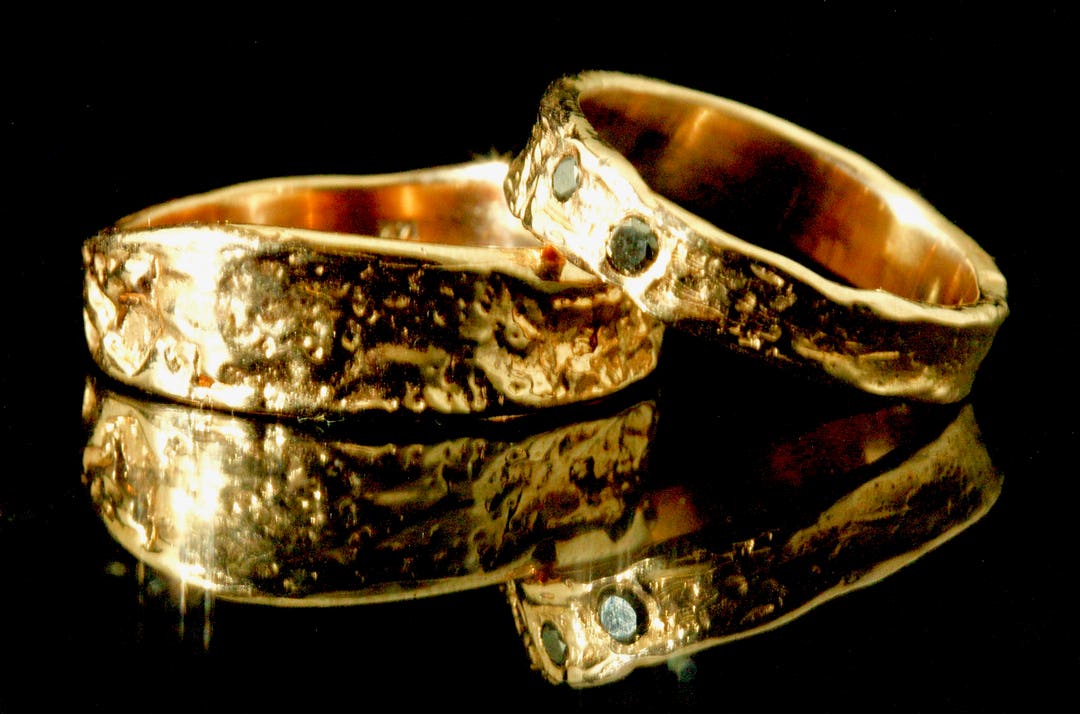Gold Wedding Ring Set Tree Bark Rings Gold Black Diamond Tree Ring Made ...
