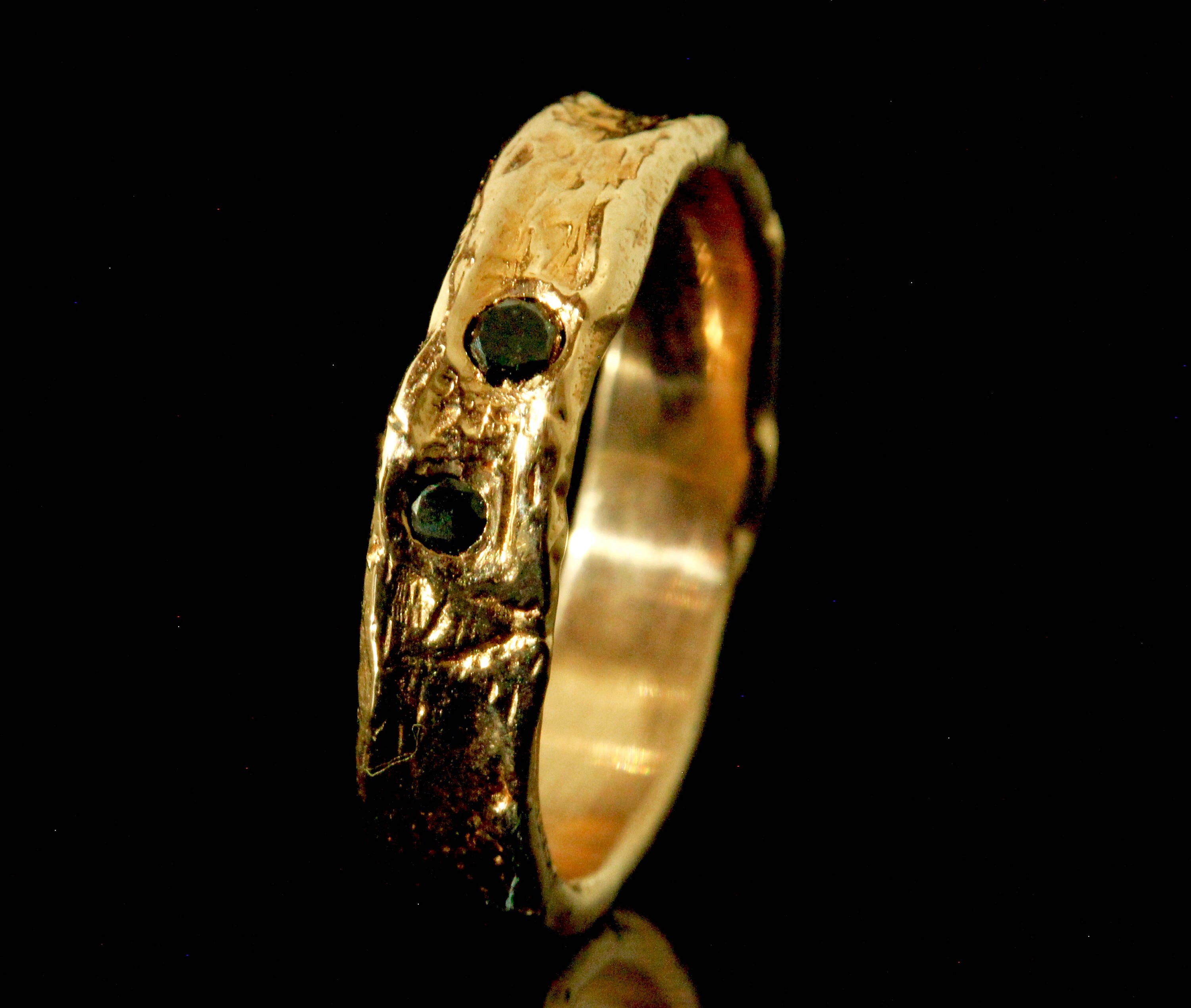 Gold Wedding Ring Set: Tree Bark Rings With Black Diamond - Etsy