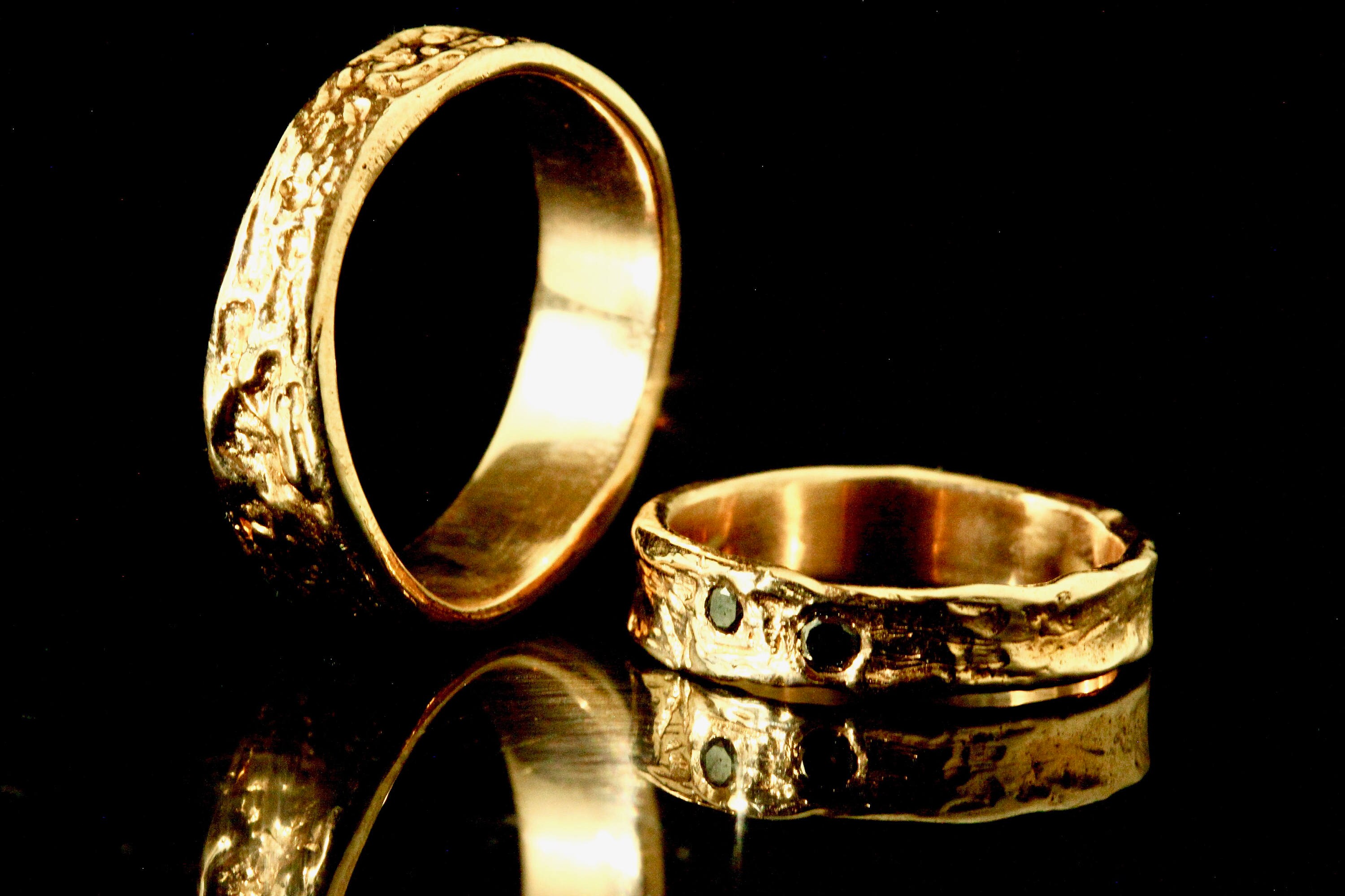 Gold Wedding Ring set Tree Bark Rings Gold Black Diamond tree | Etsy