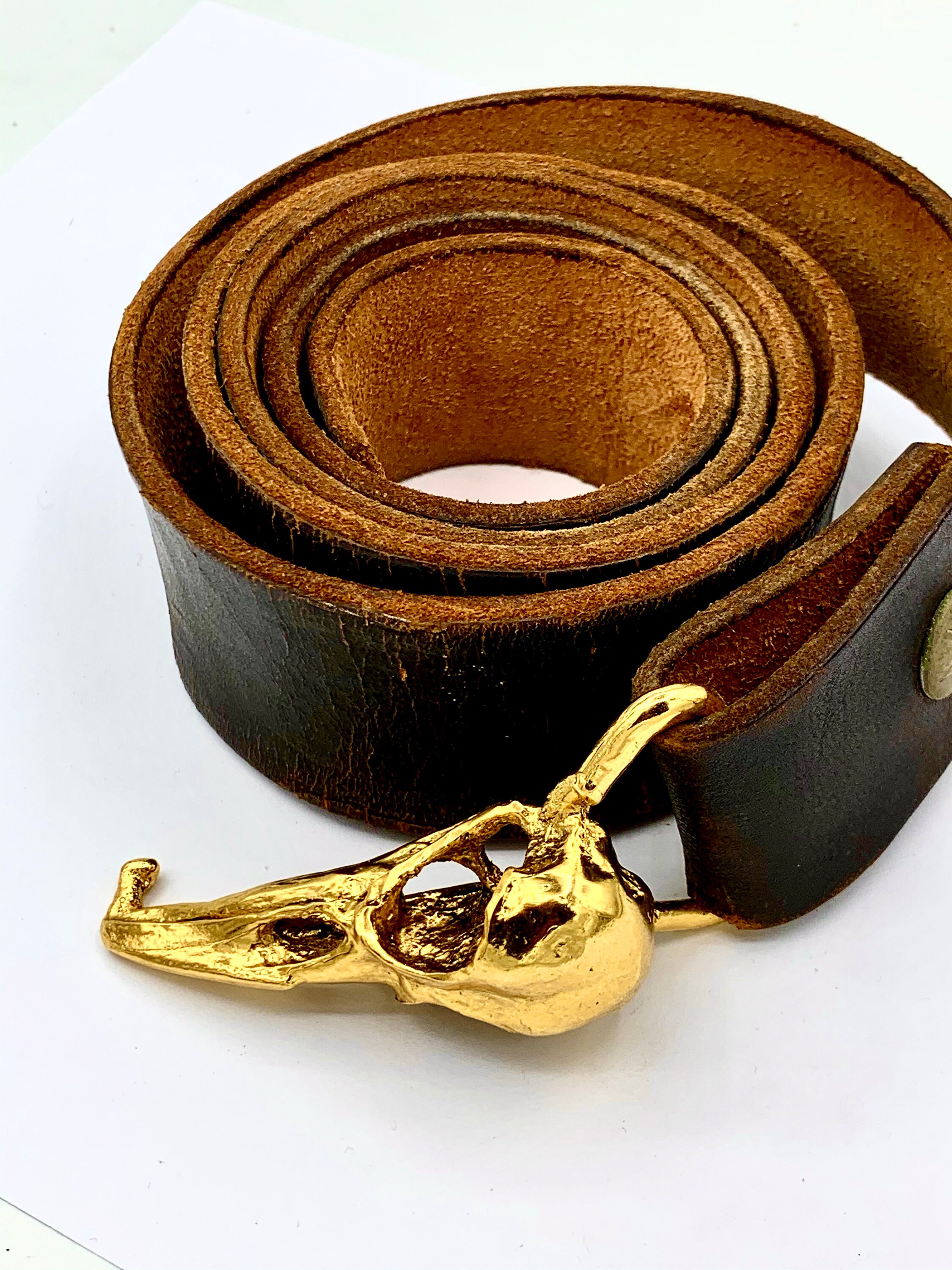Crow Skull Belt Buckle Life Sized in Solid Pewter Gold Plated Made in ...