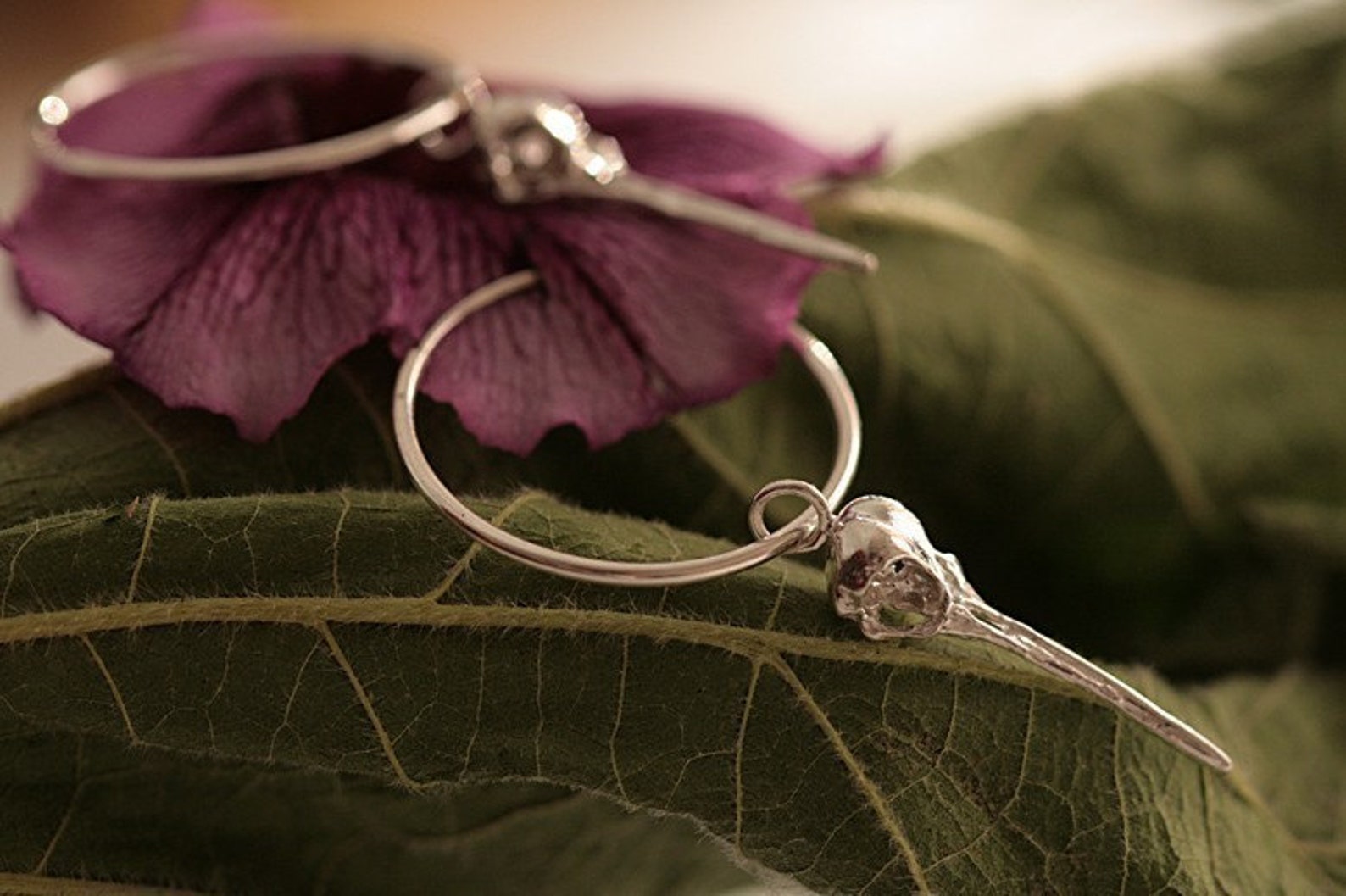 Silver Hummingbird Skull Earrings on Sterling Hoops Bird Skull Jewelry ...