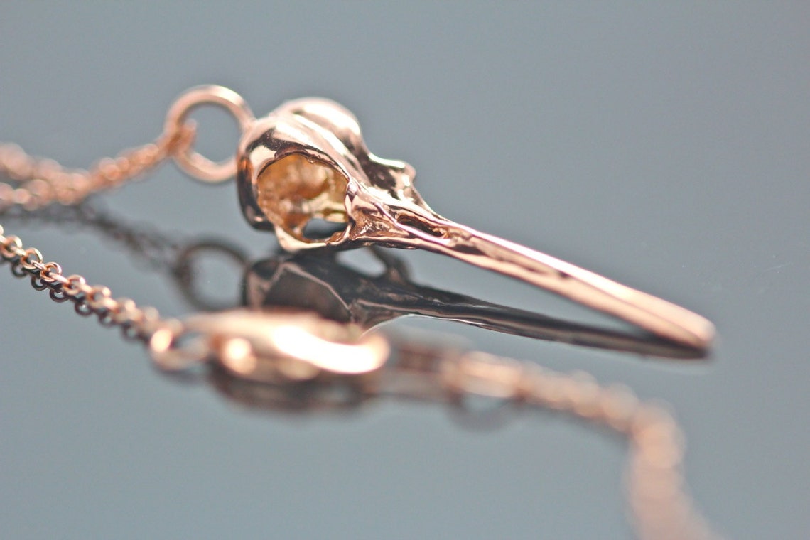 14k Solid Rose Gold Hummingbird Skull Necklace - Etsy