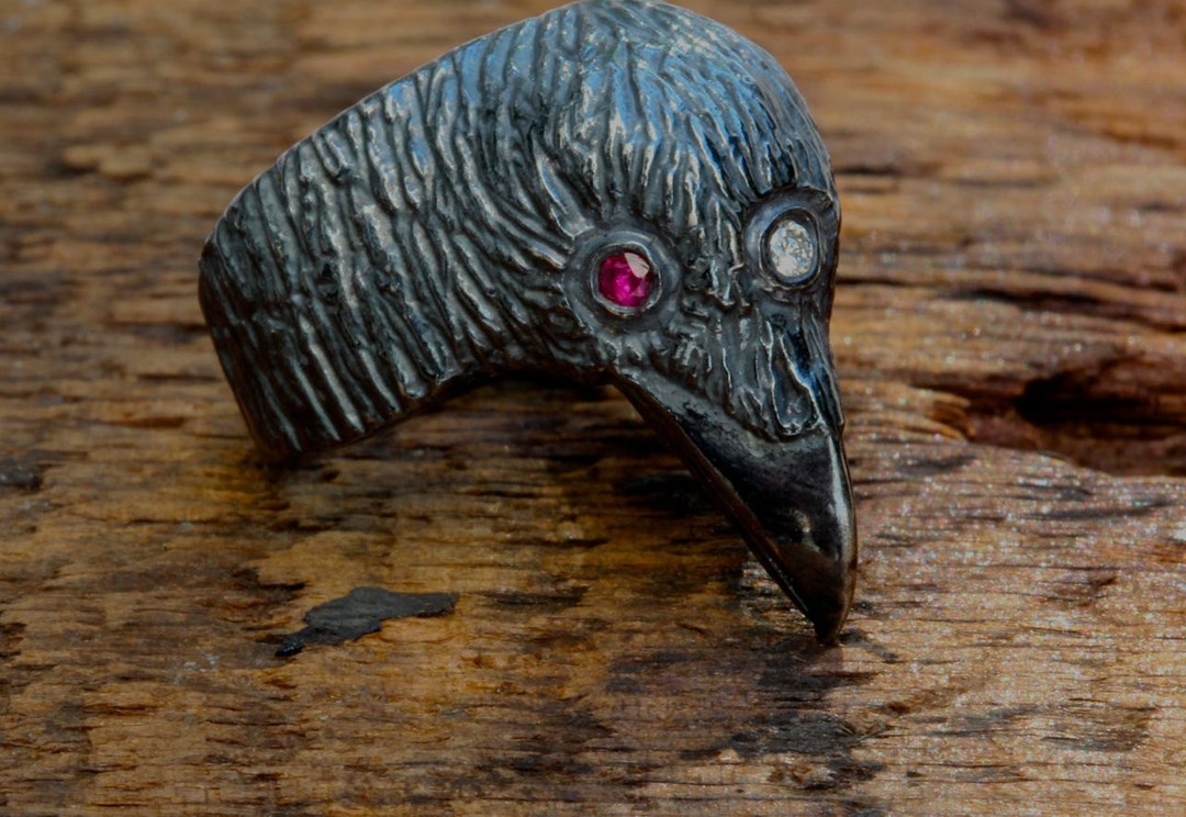 Diamond and Ruby Three Eyed Raven Ring in Blackened Sterling Silver - Etsy