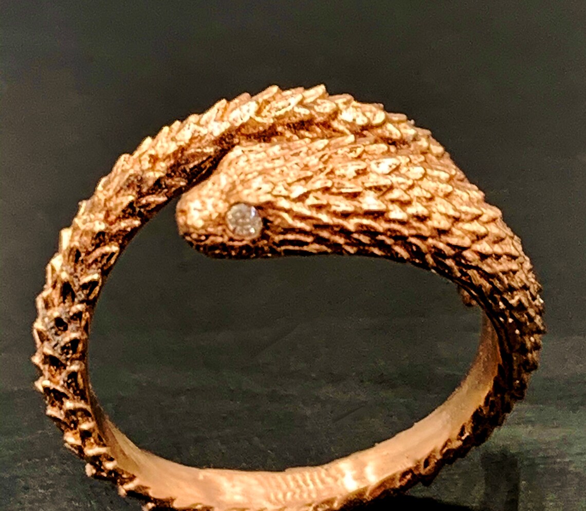 14k Rose Gold Dragon Snake Ring Diamond Eyes Adjustable Made - Etsy