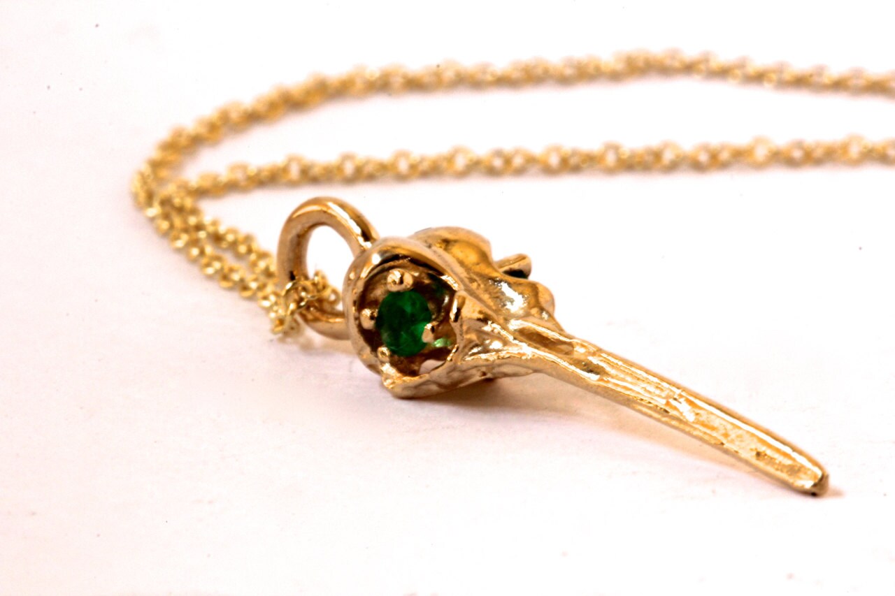 Solid Gold Hummingbird Skull Necklace Emerald eyed Bird skull | Etsy