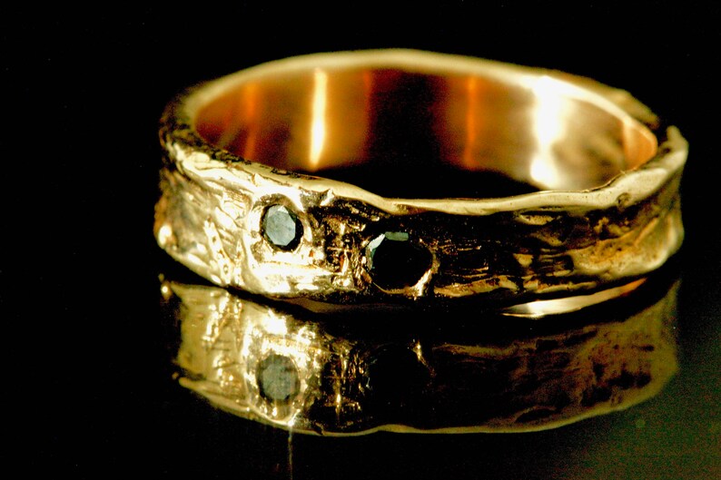 Gold Wedding Ring Set Tree Bark Rings Gold Black Diamond Tree | Etsy