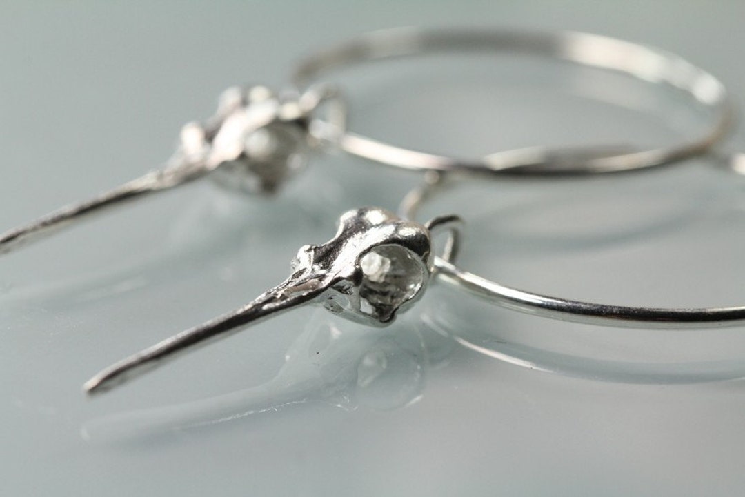 Silver Hummingbird Skull Earrings on Sterling Hoops Bird Skull Jewelry ...