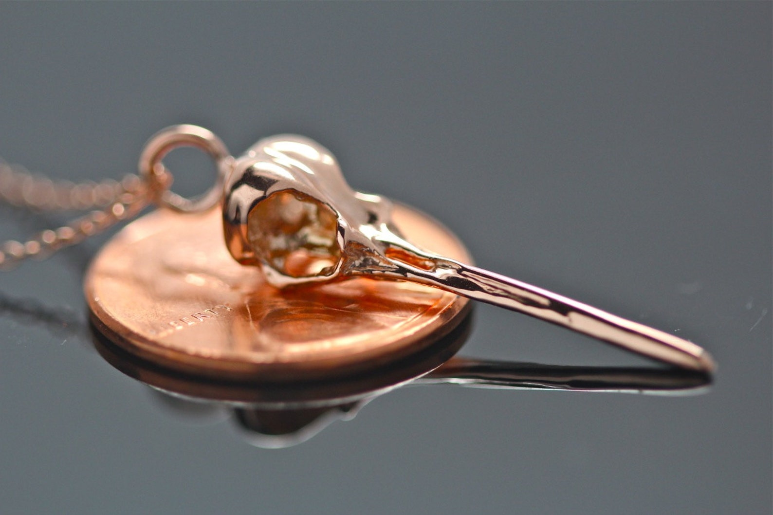 14k Solid Rose Gold Hummingbird Skull Necklace - Etsy