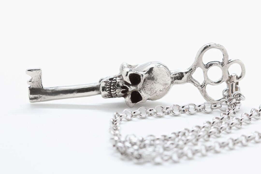 Skeleton Key Necklace, Double Faced Skull Key in White Bronze or ...