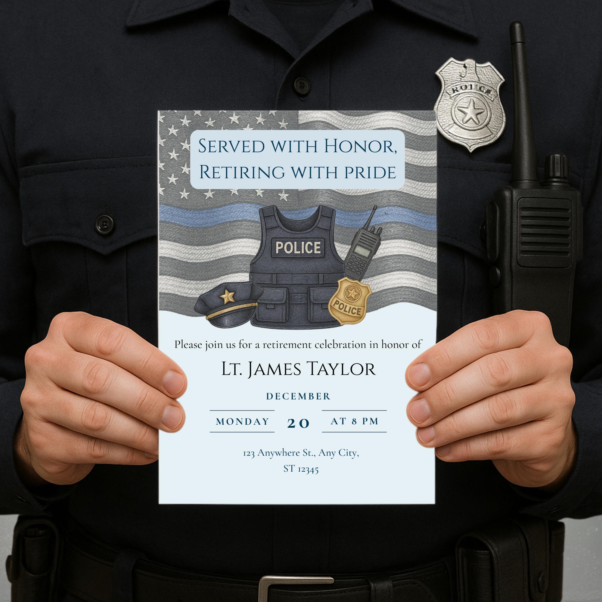 Police Retirement Party Invitation: Blue & Gold Law Enforcement Theme ...